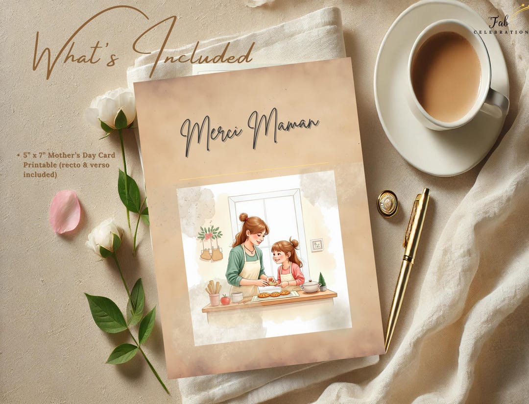 Merci Maman Card Printable, Elegant Mom Greeting Card, Floral Design ...