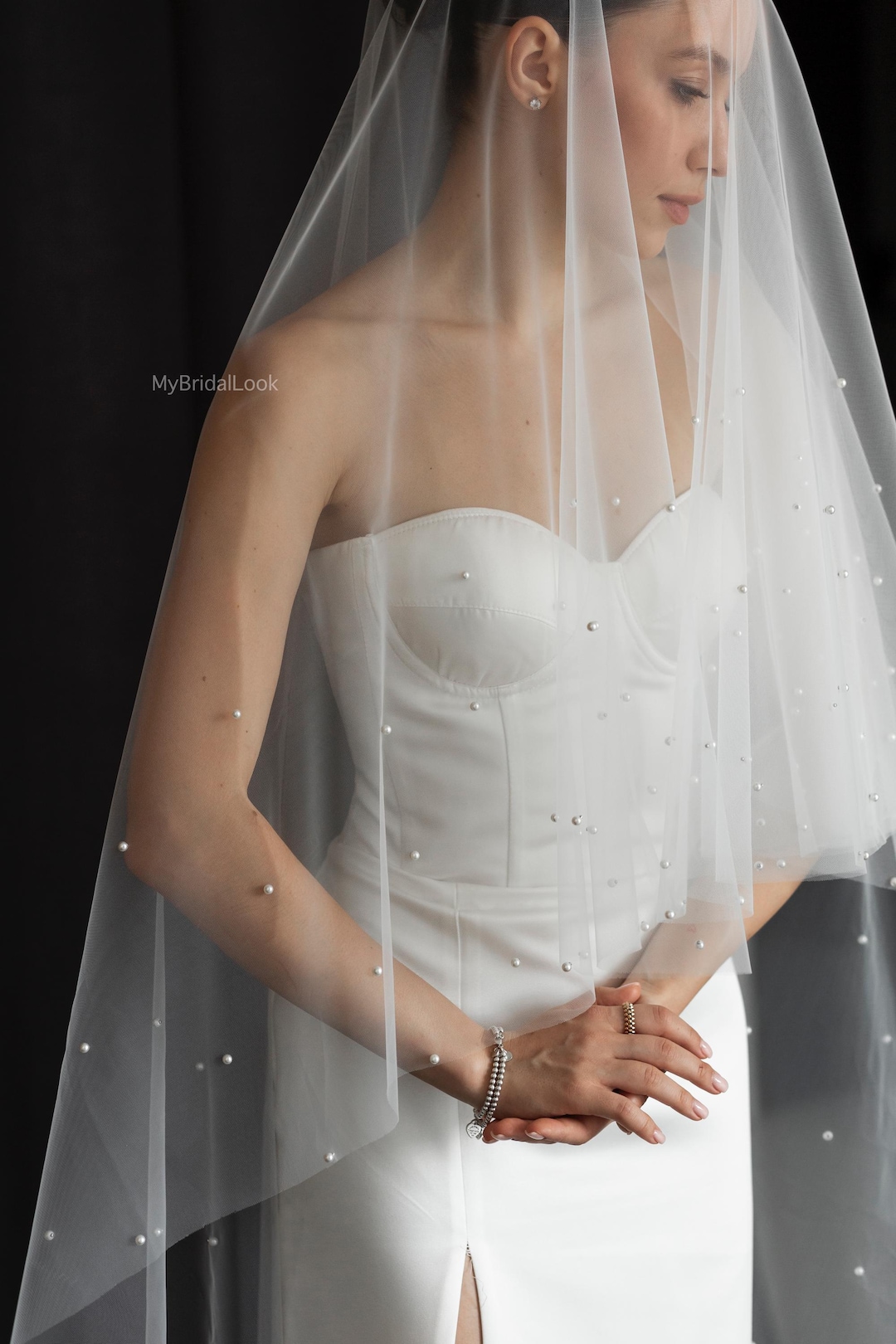 Pearl Edge Wedding Veil: Two-tier Bridal Veil With Blusher - Etsy