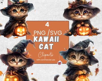 Kawaii Cat Clipart Bundle, Halloween Cat PNG, Halloween Clipart Bundle ...