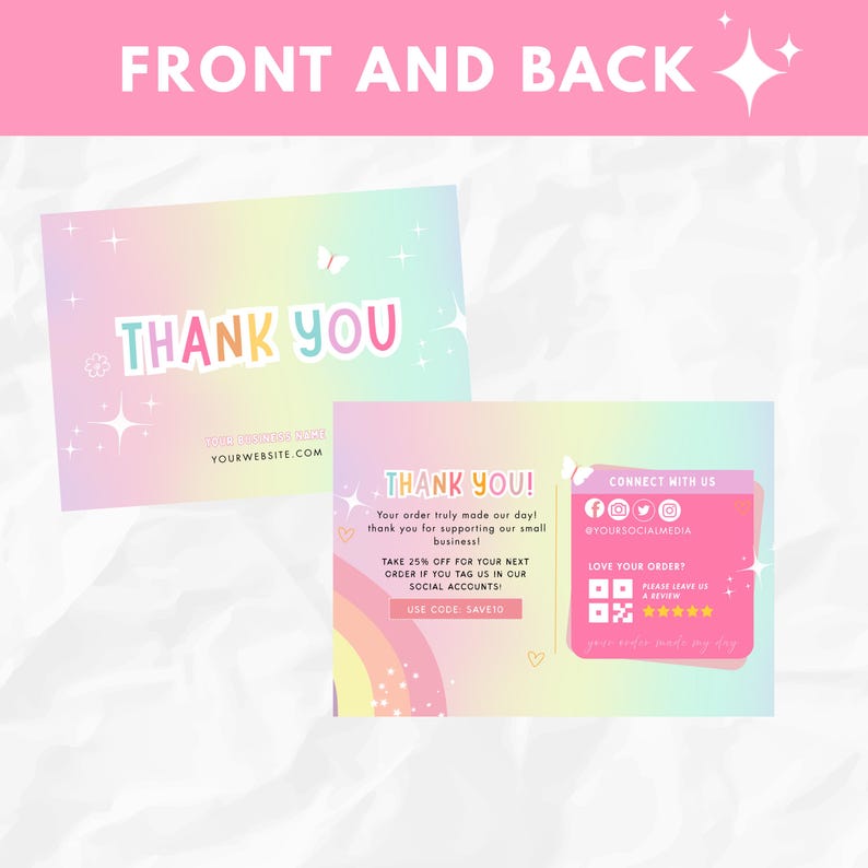 Rainbow Thank You Card Template Canva, Rainbow Design, Canva Order Card ...