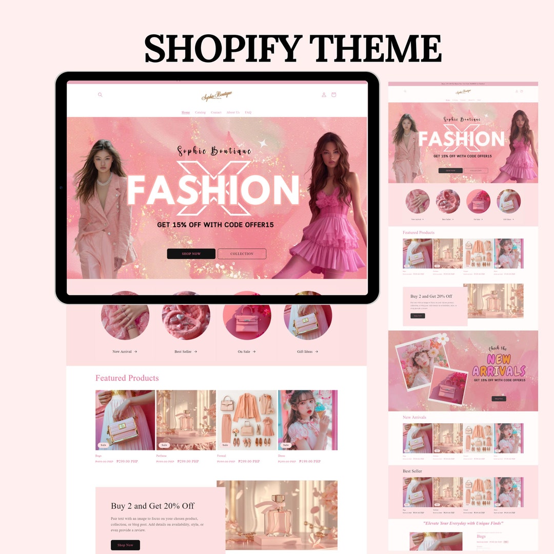 Shopify Theme, Website Template for Boutique, Shopify Template, Pink ...