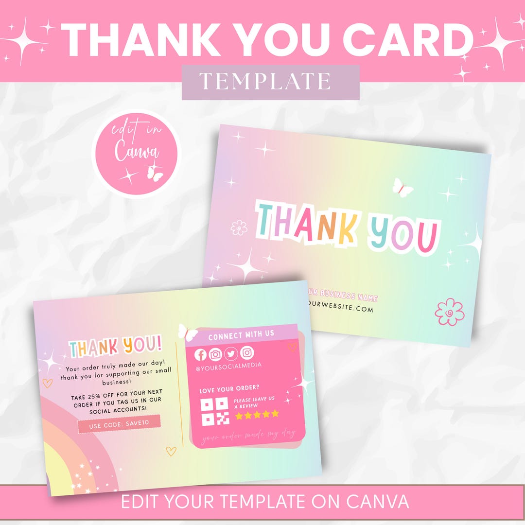 Rainbow Thank You Card Template Canva, Rainbow Design, Canva Order Card ...