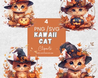 Kawaii Cat Clipart Bundle, Halloween Cat PNG, Halloween Clipart Bundle ...