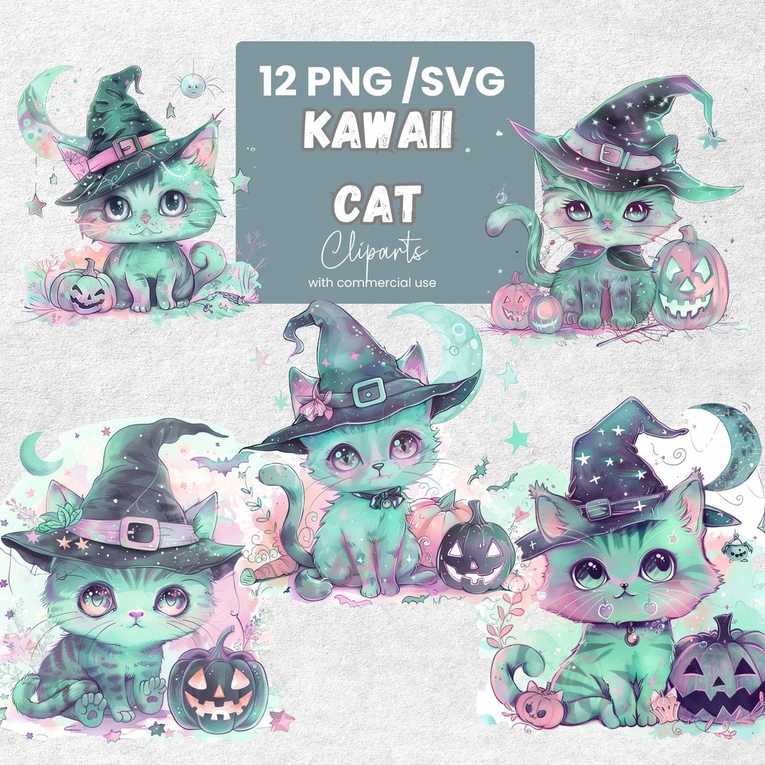 Kawaii Cat Clipart Bundle, Halloween Cat PNG, Halloween Clipart Bundle ...