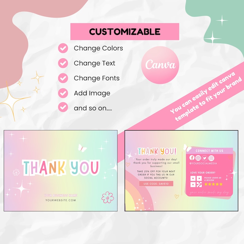 Rainbow Thank You Card Template Canva, Rainbow Design, Canva Order Card ...