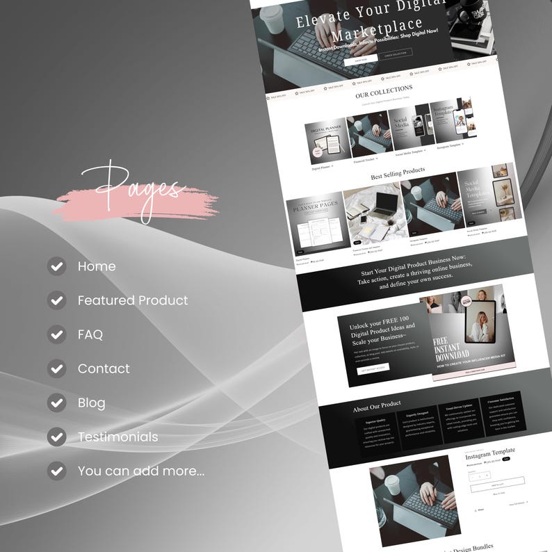 Shopify Website Template, Shopify Theme for Digital Products, Black ...