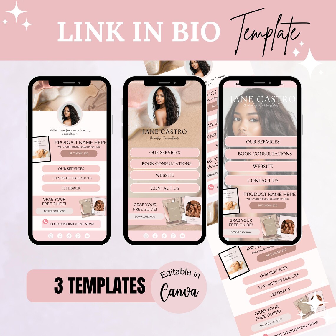 3 Link in Bio Template, Landing Page, Canva Link in Bio, Instagram Bio ...