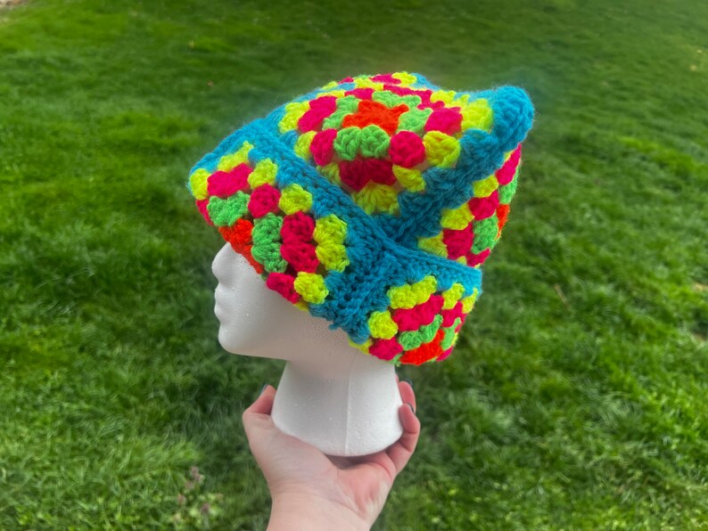 Neon Crochet Granny Square Cat Ear Beanie, Oversized Multicolor Granny ... Neon Crochet Granny Square Cat Ear Beanie, Oversized Multicolor Granny ...