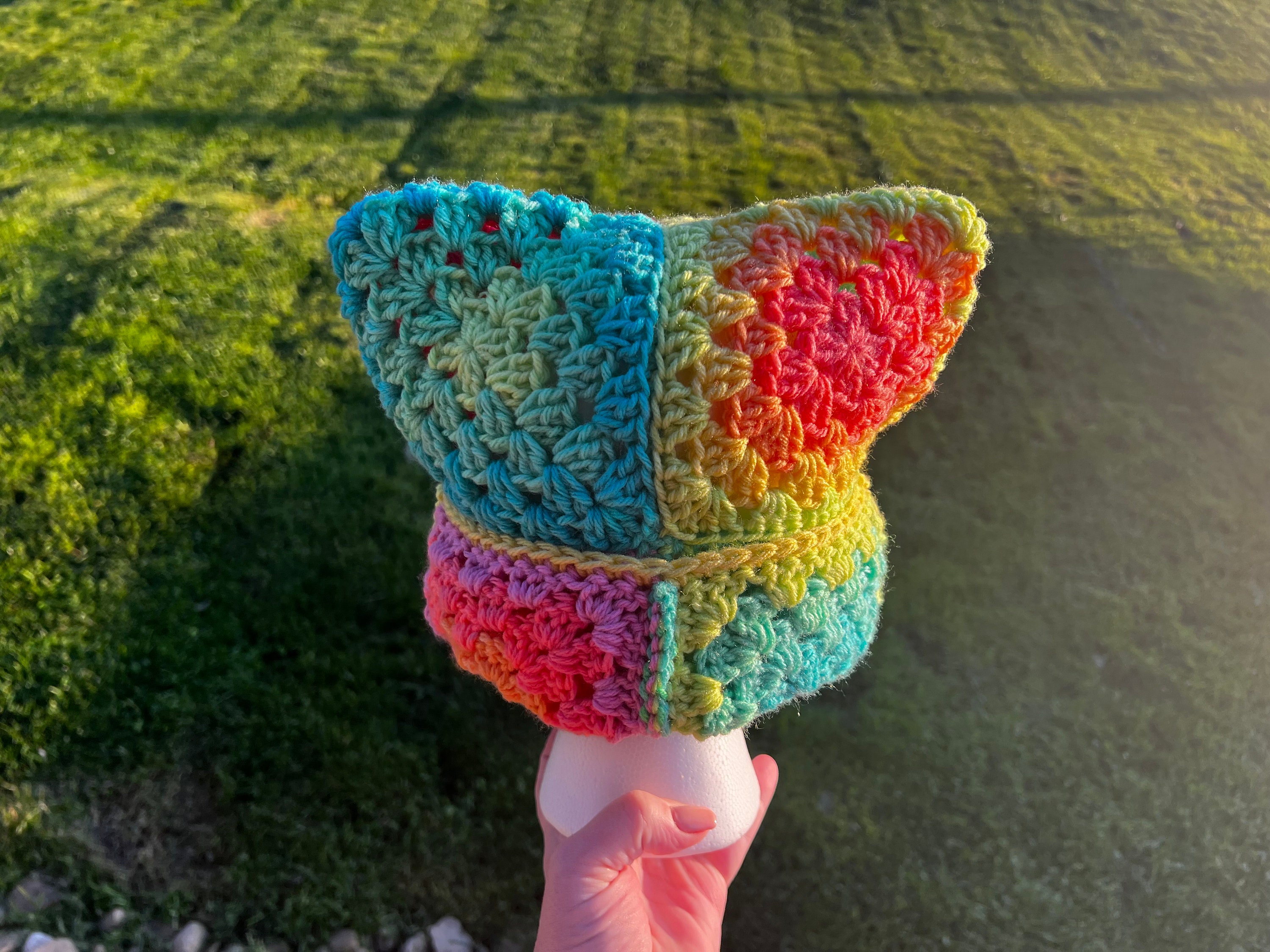 Retro Stripe Crochet Granny Square Cat Ear Beanie, Oversized Multicolor ...