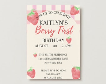 Berry First Birthday Invitation Berry Sweet Strawberry Party Editable ...