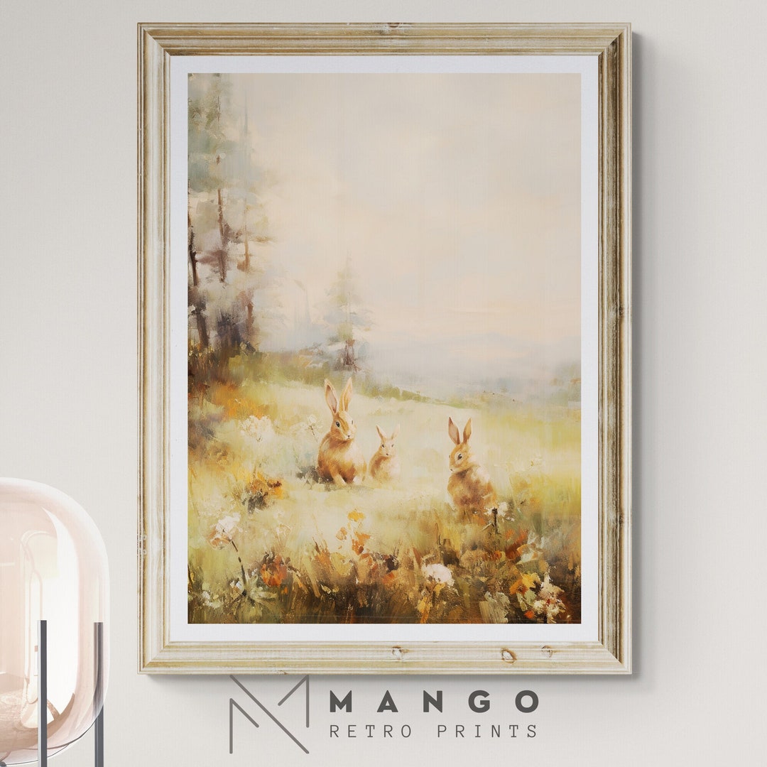 Impressionist Vintage Rabbit Landscape Painting Easter Flowers Bunny ...