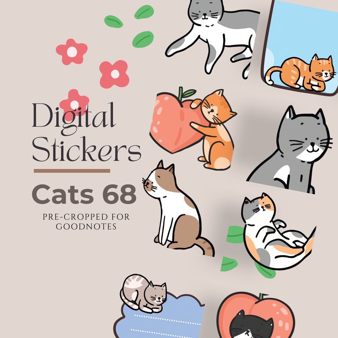 Cats Digital Stickers for Goodnotes, Kitten Pre-cropped Digital Planner ...