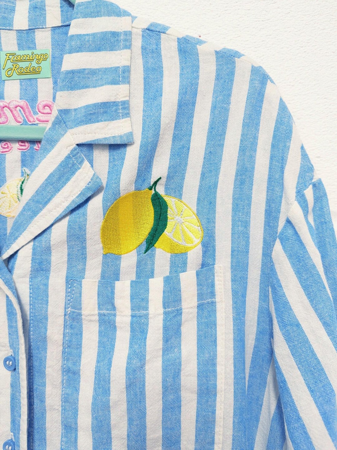 Lemon Embroidered Linen Shirt, Blue and White Stripes | Preloved ...