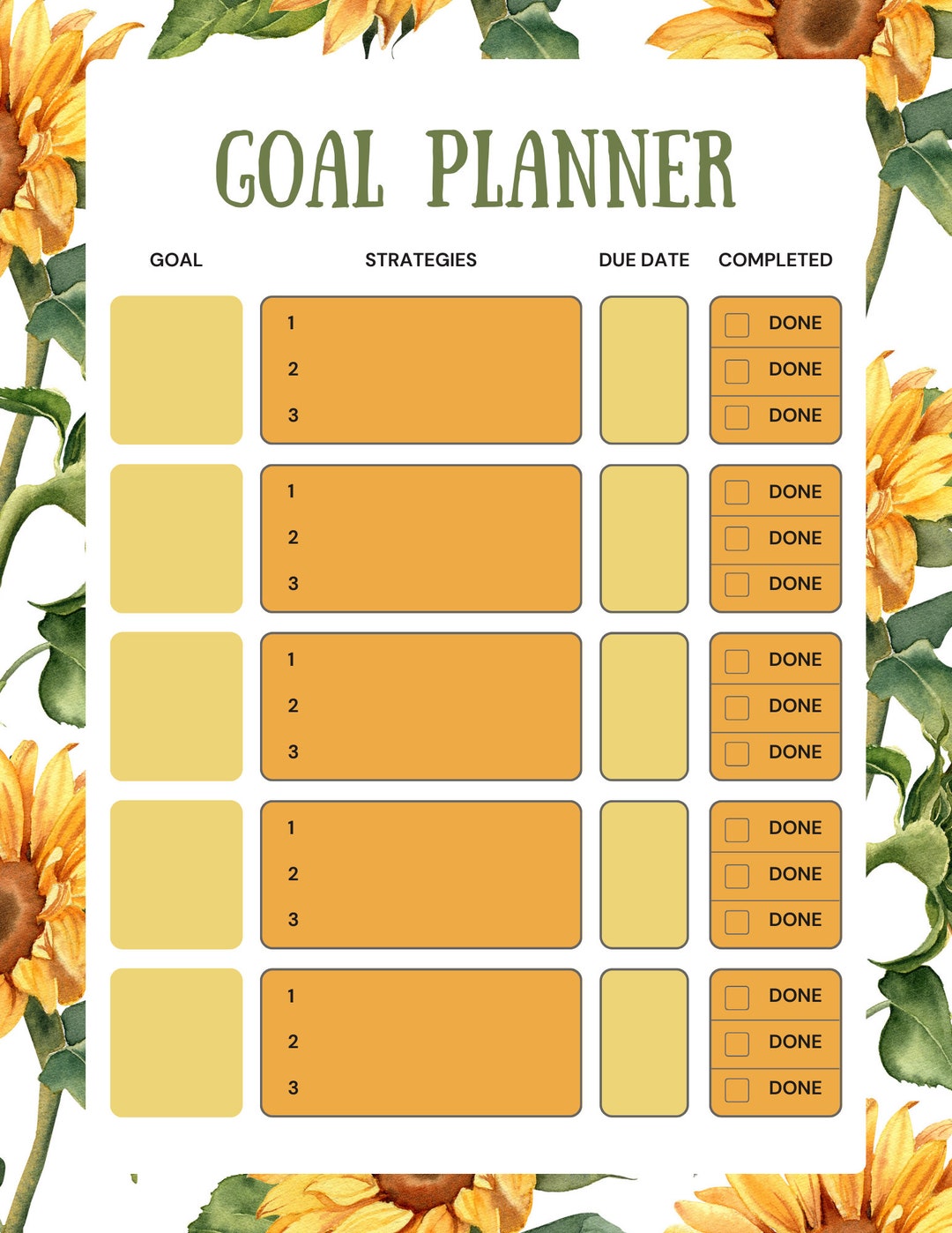 Sunflower Goal Planner Sheet - Etsy