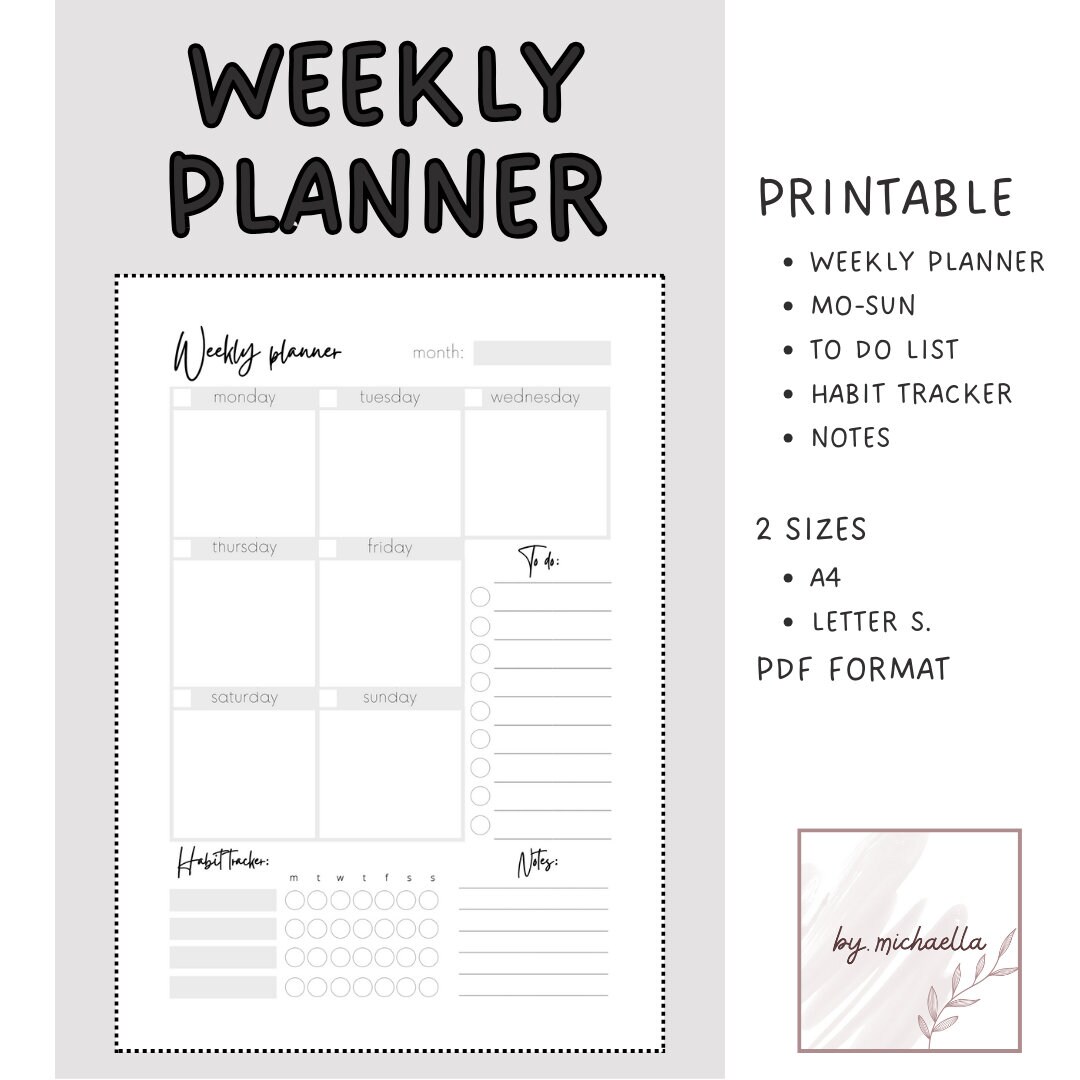 Weekly Planner Printable PDF Template, A4, Letter Size, Habit Tracker ...