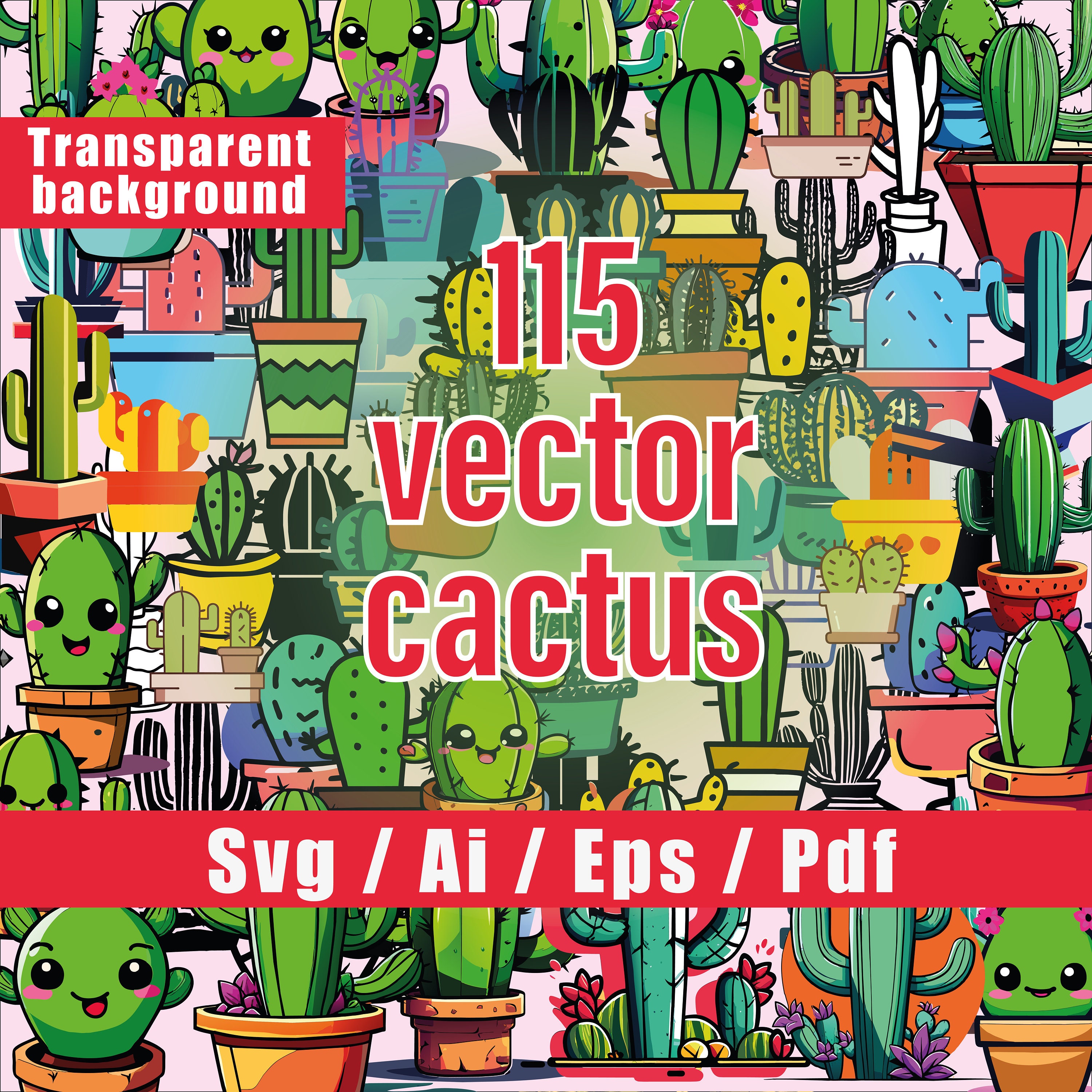115 Scalable Vector Cactus Pack, Colorable, SVG, PDF, Clipart and ...