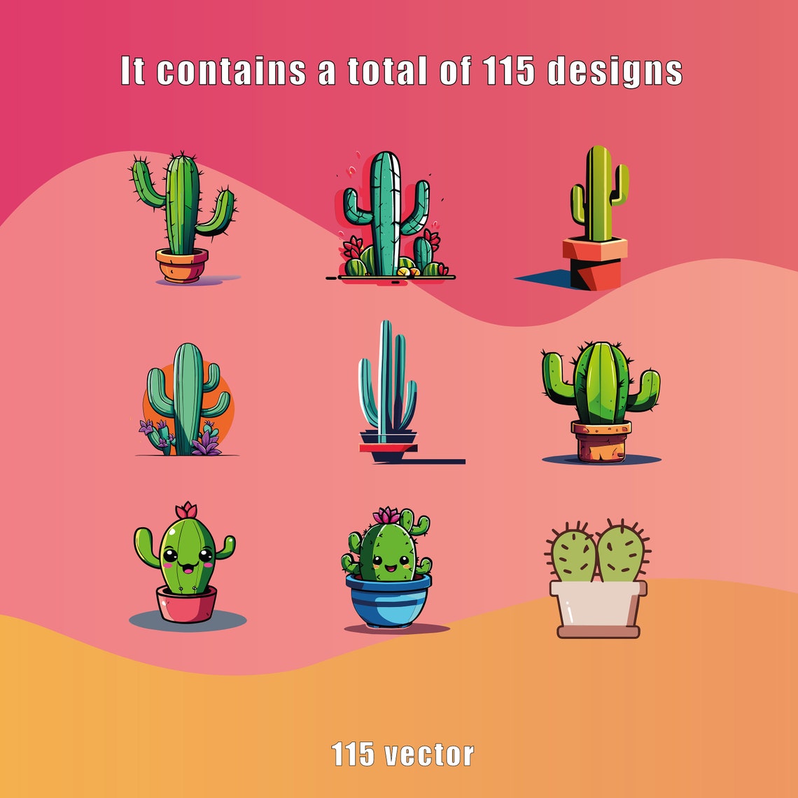 115 Scalable Vector Cactus Pack, Colorable, SVG, PDF, Clipart and ...