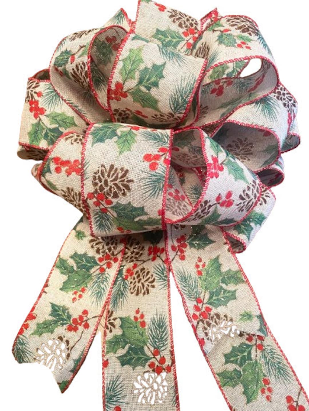 Pinecones and Holly Christmas Tree Topper, Holiday Ribbon Tree Topper ...