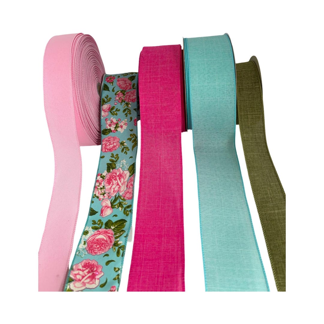 Pink and Turquoise Floral Wired Ribbon Bundle Ribbon Kits Wreath Bow ...