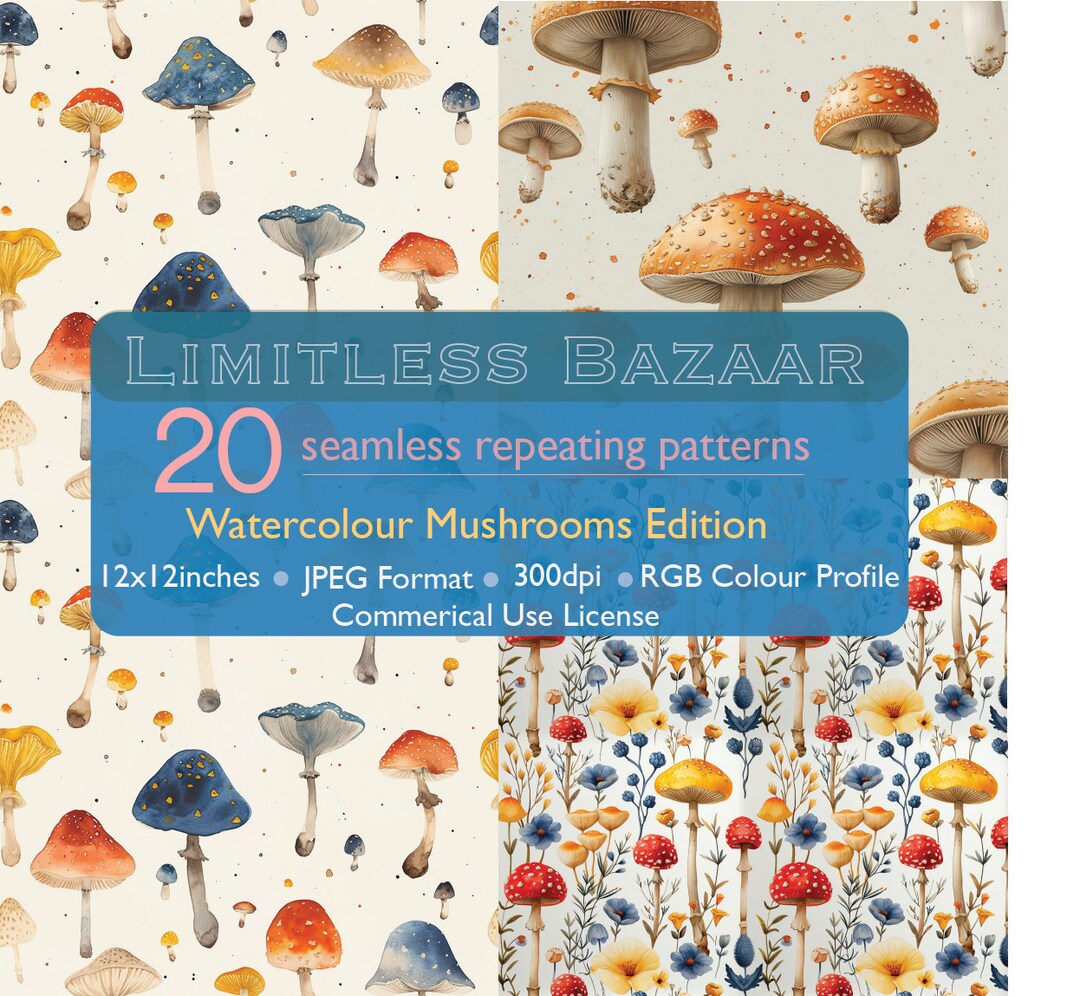 Enchanted Forest Fungi: 20 X Watercolour Mushroom Digital Seamless ...