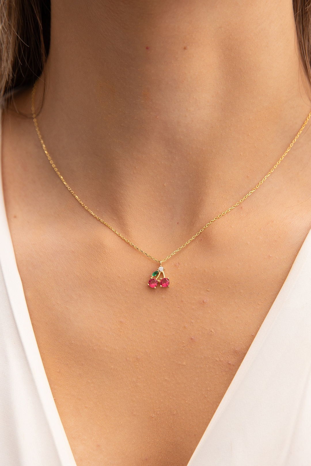 Cherry Necklace, Cherry Pendant, Fruit Necklace, Fruit Pendant, 14K ...