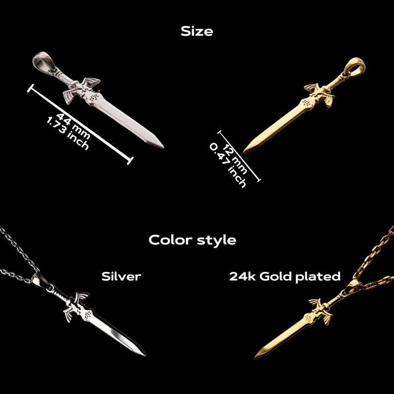 Master Sword Necklace Legend of Zelda Sterling Silver 925 Gold Plated ...