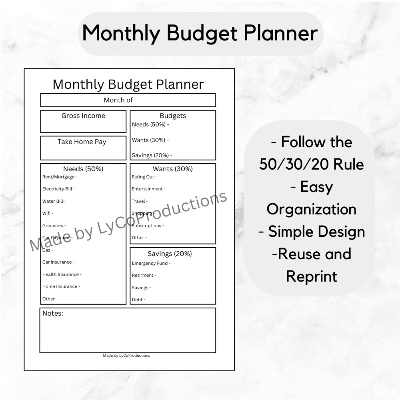 Monthly Budget Planner and Tracker Using the 50/30/20 Rule | Download ...