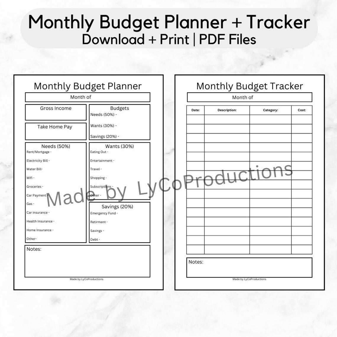 Monthly Budget Planner and Tracker Using the 50/30/20 Rule Download and ...