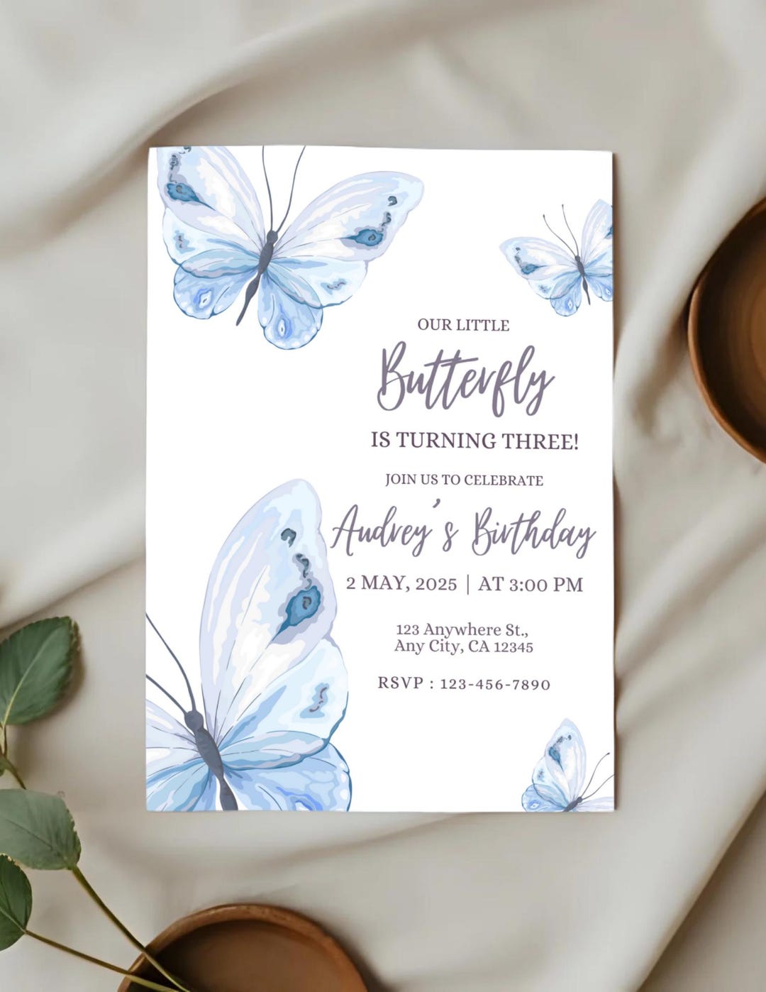Blue Butterfly Birthday Invitation, Kids Party Template (DIY) - Etsy ...