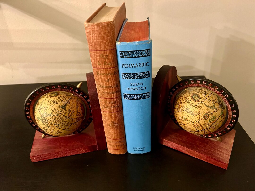 Vintage Globe Bookends: Spinning World Globes, Wooden Supports - Etsy