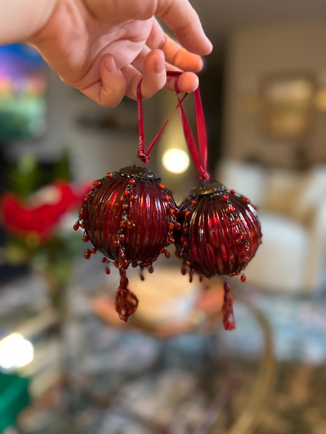 Vintage Mikasa Ruby Red Glass Ornaments - Beaded Holiday Decor, Set of ...