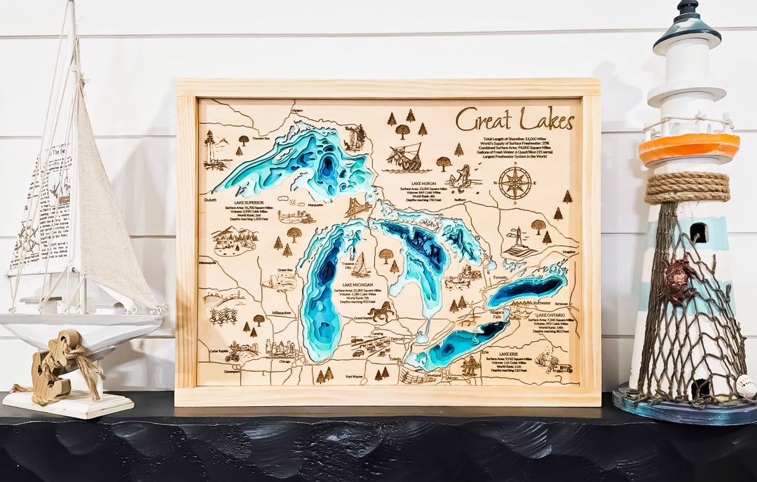 Great Lakes 3D Multilayer Nautical Map Personalized Lake Art ...
