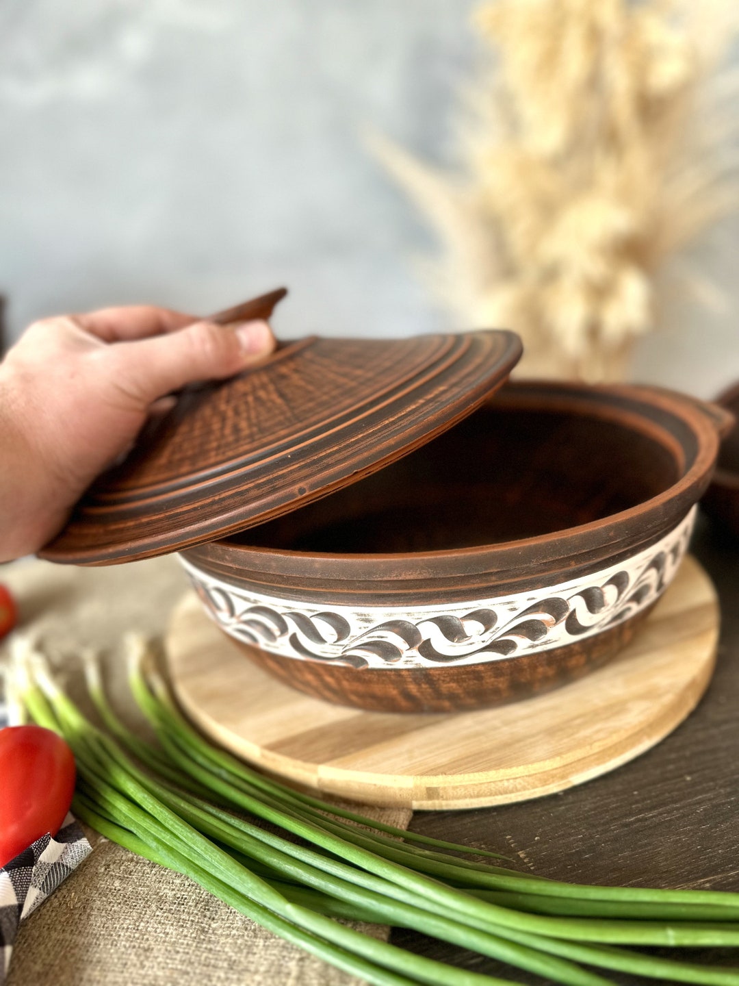 Unglazed Clay Pot for Serving With Lid, Handmade Baking Dish Cooking ...