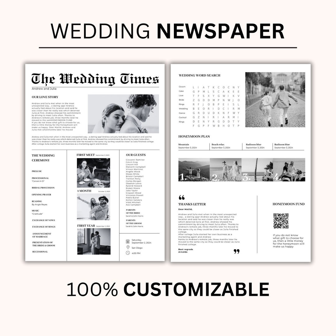 Newspaper Wedding Program Template, Editable Wedding Newspaper Program ...