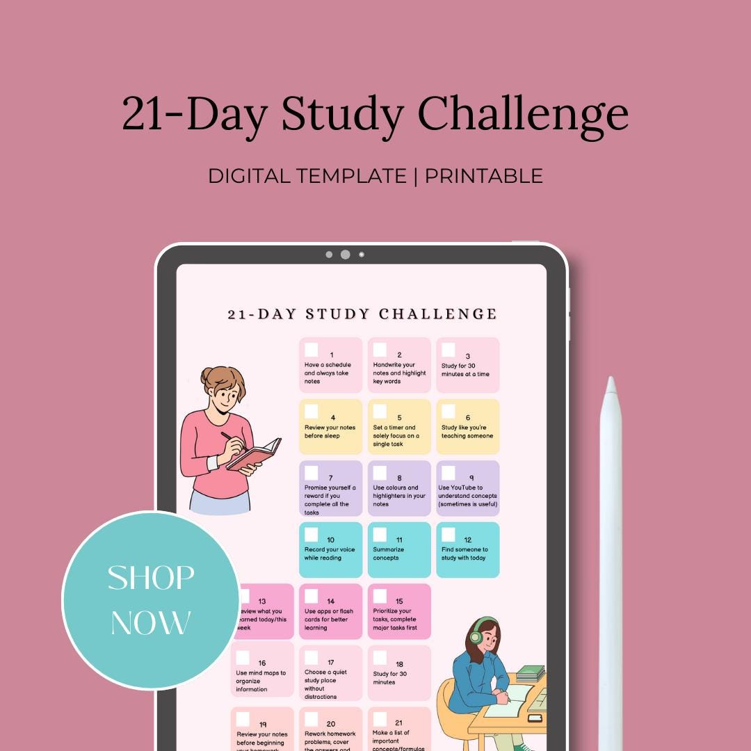 21-day Study Challenge | Printable | Achieve Your Educational Goals - Etsy