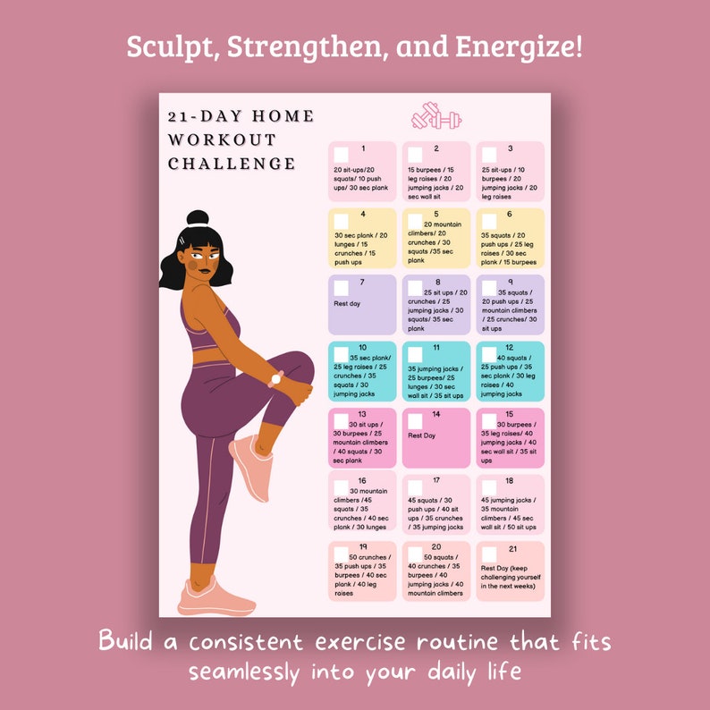 21-day Home Workout Challenge | Printable | Sculpt, Strengthen, and ...