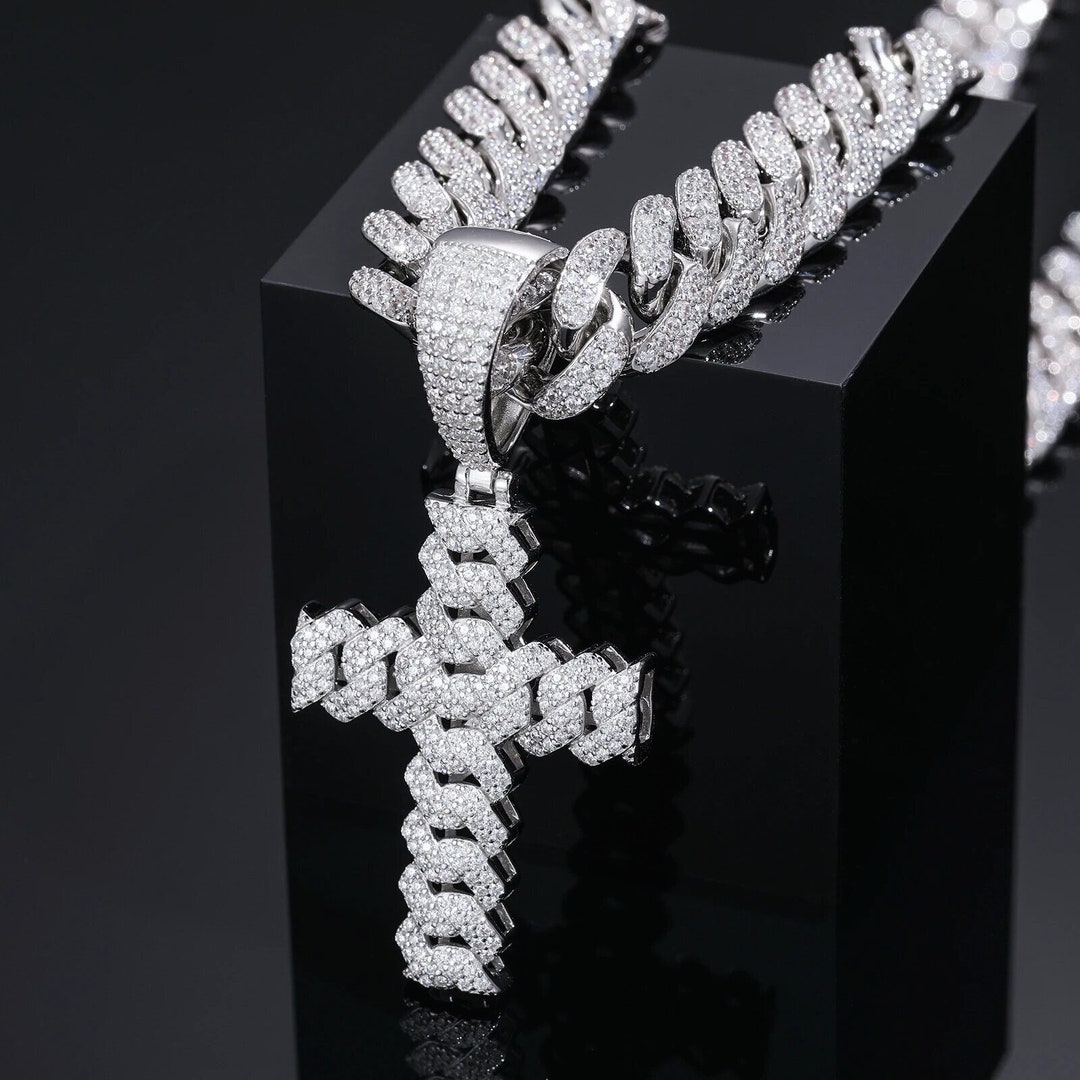 18k Platinum Platid Hip Hop Cross Pendant Necklace D VVS Moissanite ...