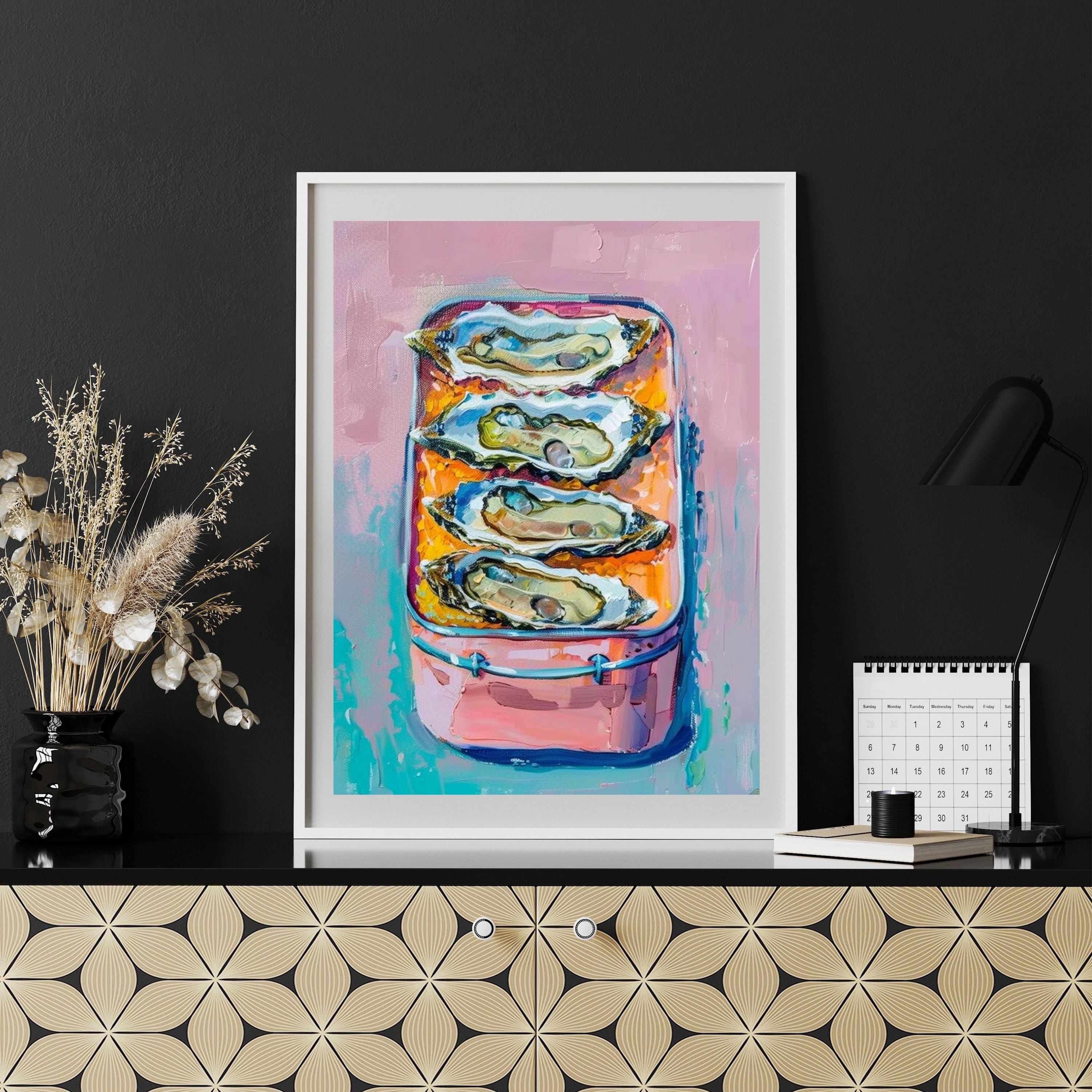 Oyster Shell Print, Tin Wall Art, Modern Kitchen Decor, Blue & Pink ...