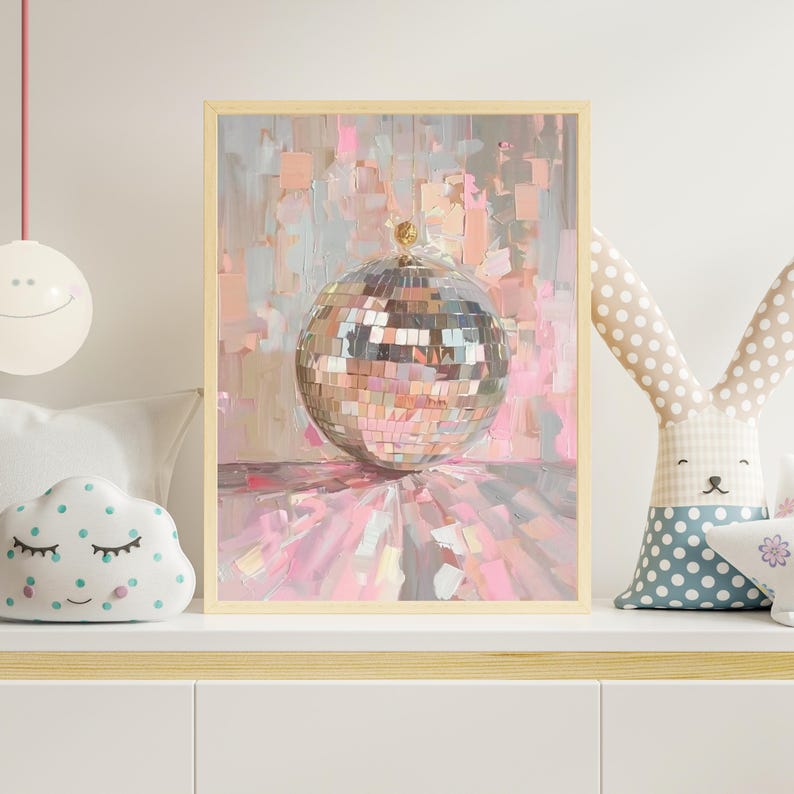 Mirrorball Poster, Hot Pink Wall Art, Disco Print, Soft Pink Mirror ...