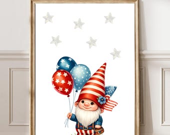 Digital Download – Patriotic Gnome Wall Art – Watercolor 4th of July ...