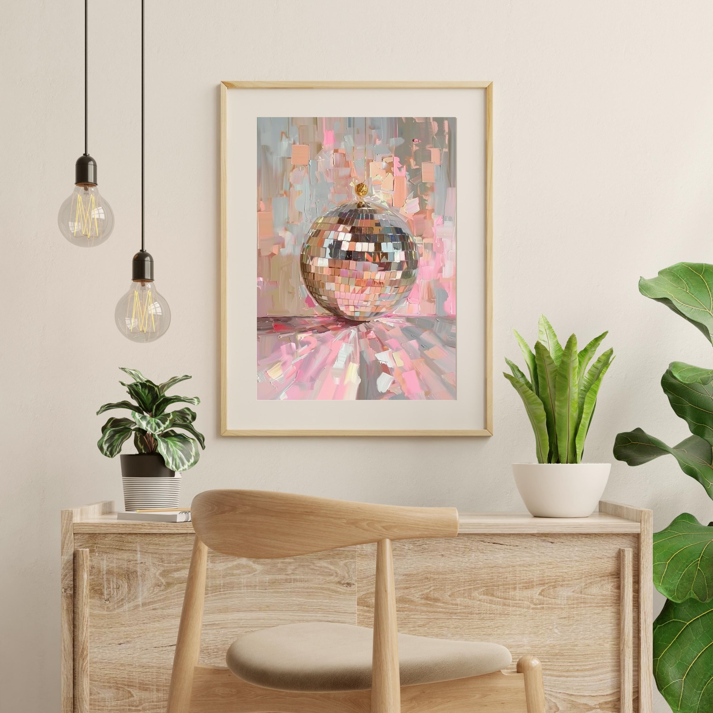 Mirrorball Poster, Hot Pink Wall Art, Disco Print, Soft Pink Mirror ...