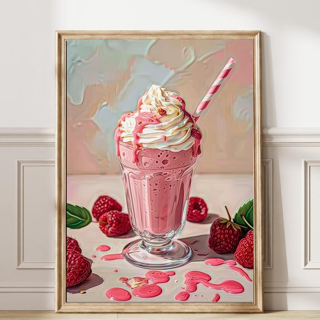 Retro Shake Print, Trendy Food Poster, Pink Milk Shake Kitchen Art ...