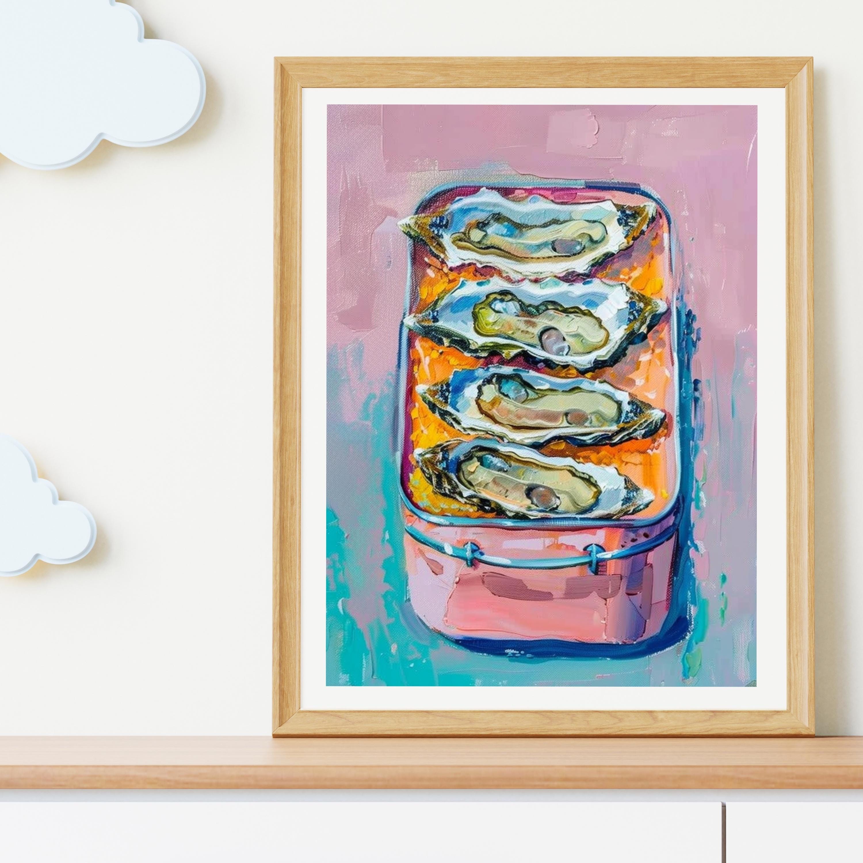 Oyster Shell Print, Tin Wall Art, Modern Kitchen Decor, Blue & Pink ...