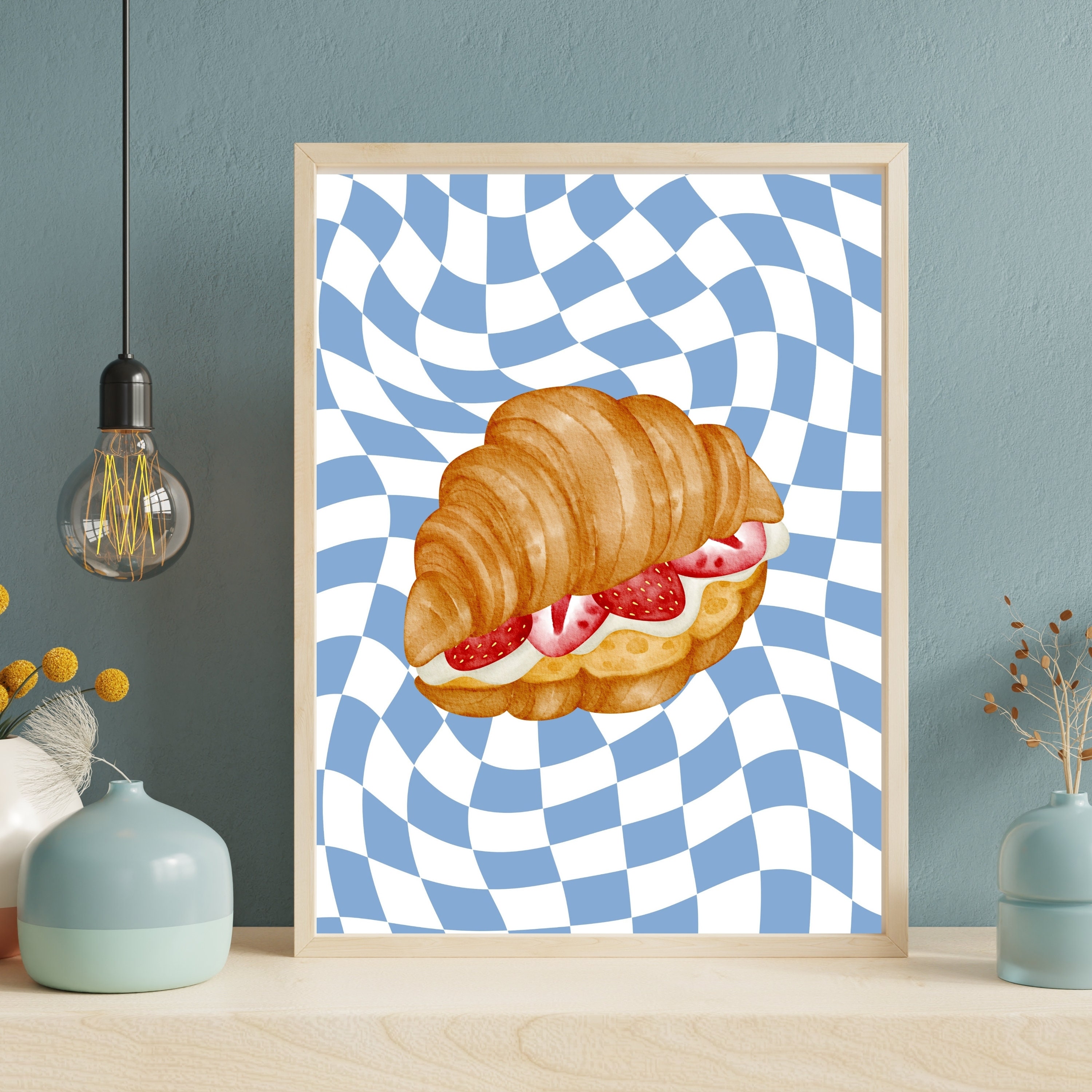 Blue Croissant Print Modern Aesthetic Wall Art Food Print Breakfast ...