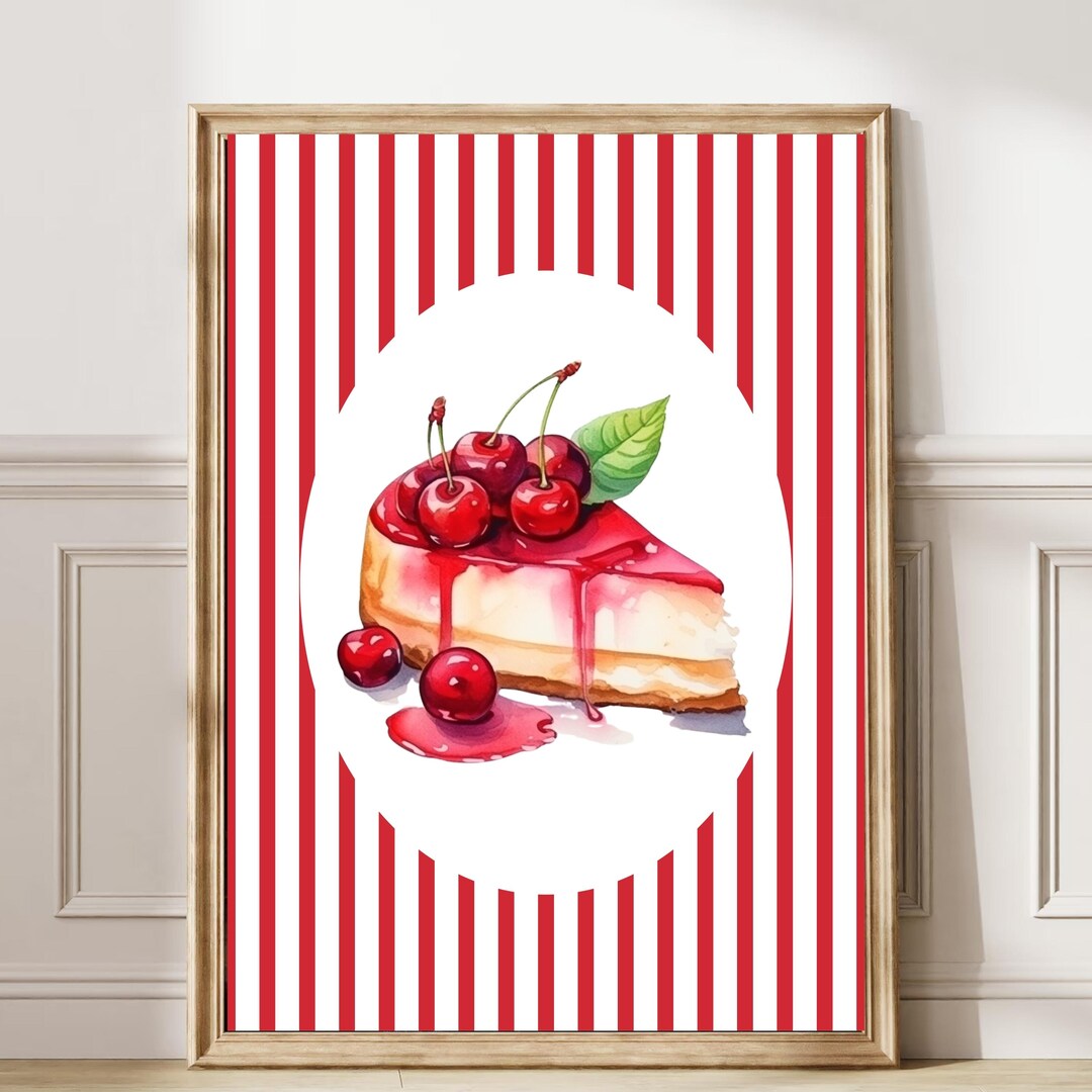 Red Striped Cherry Cheesecake Wall Art, Cheesecake Kitchen Art, Preppy ...