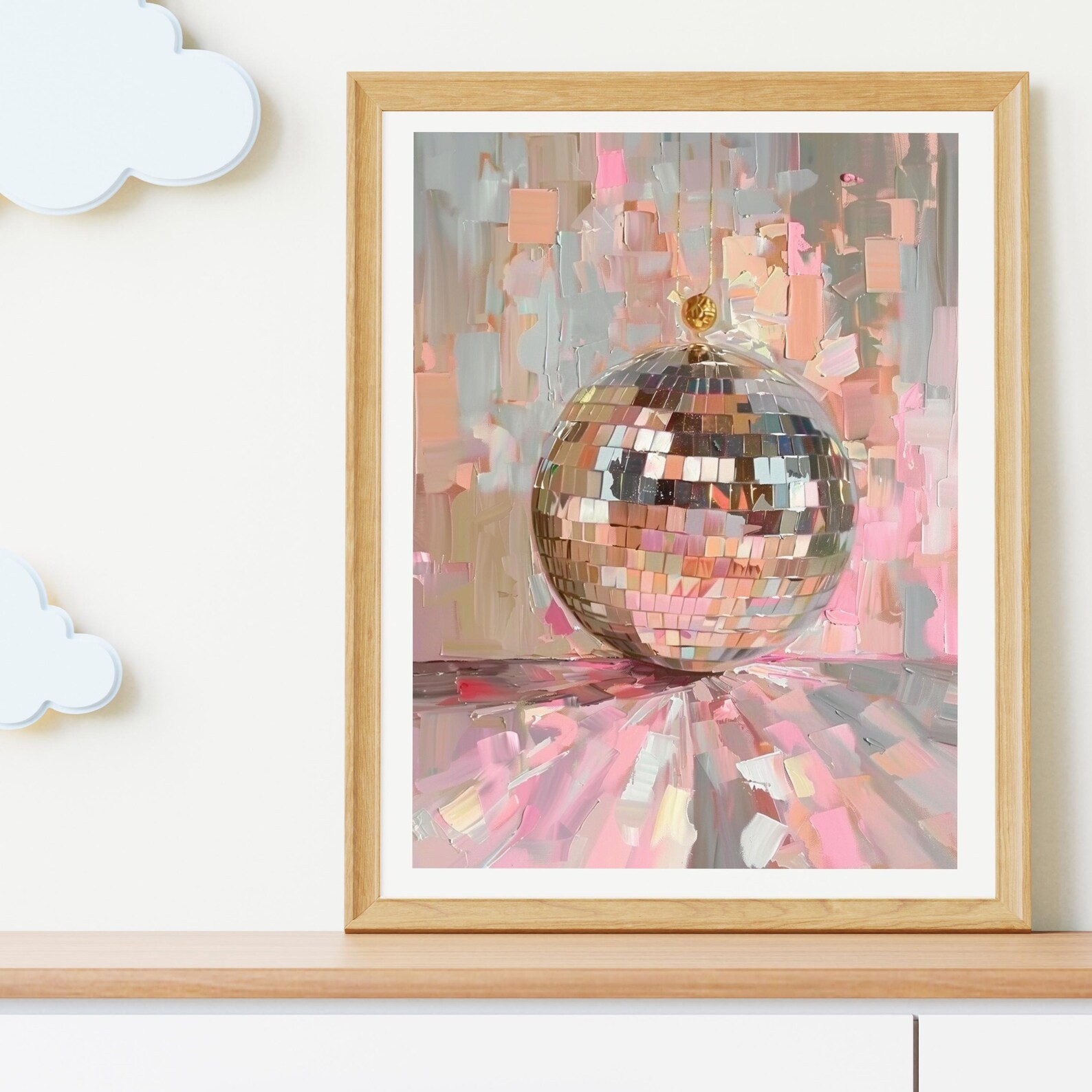 Mirrorball Poster, Hot Pink Wall Art, Disco Print, Soft Pink Mirror ...