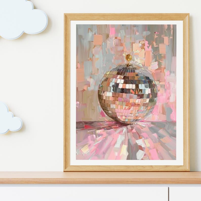 Mirrorball Poster, Hot Pink Wall Art, Disco Print, Soft Pink Mirror ...