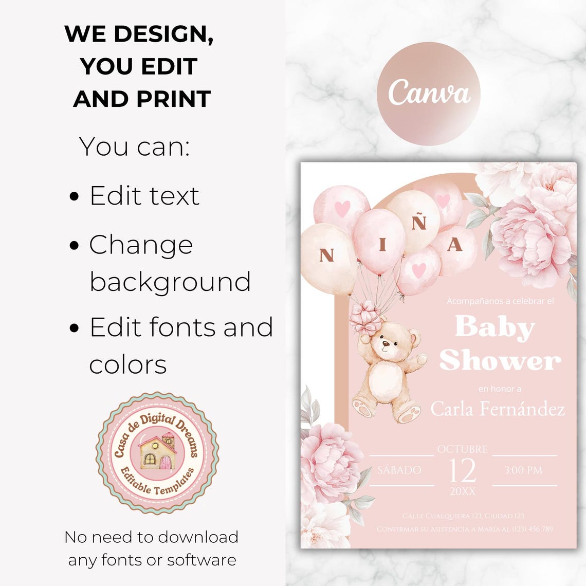 Editable Spanish Baby Shower Invitation Set, Dusty Pink, Teddy Bear ...