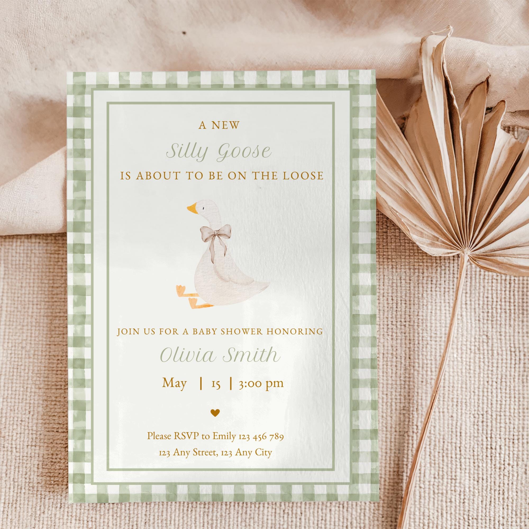 Green Gingham Silly Goose Baby Shower Invitation Template, Gender ...