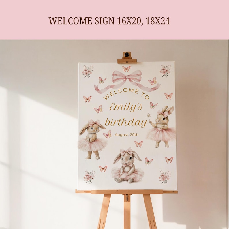 Editable Bunny Birthday Welcome Sign, Ballerina Bunny Theme Birthday ...